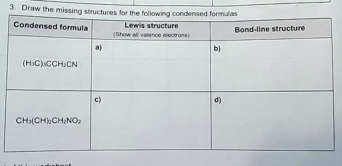 3. Draw the missing structures for the following condensed formulas Condensed formula Lewis ...