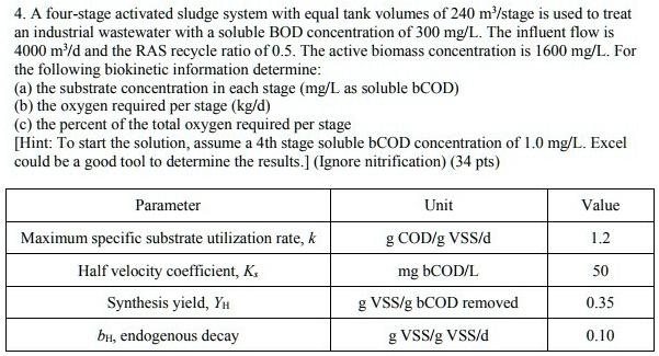 4. A four-stage activated sludge system with equal tank volumes of 240 ...
