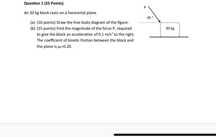 Question 1 (25 Points). An 30 kg block rests on a horizontal plane. (a) (10 points) Draw the ...