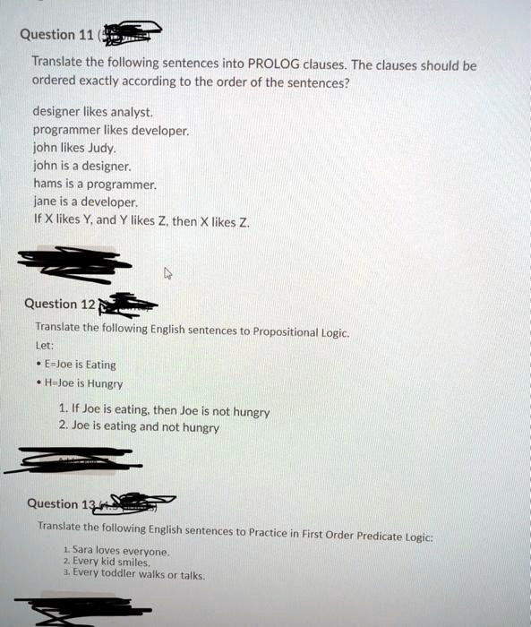 Question 11 Translate The Following Sentences Into Prolog Clausesthe Clauses Should Be Ordered