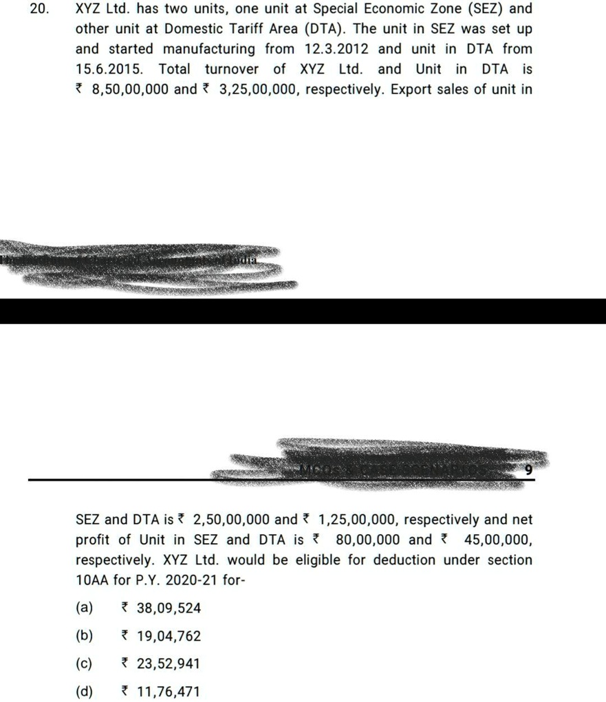 20. XYZ Ltd. has two units, one unit at Special Economic Zone (SEZ) and ...