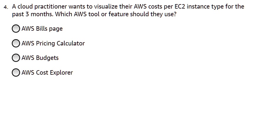 4 A Cloud Practitioner Wants To Visualize Their Aws Costs Per Ec2 Instance Type For The Past 3