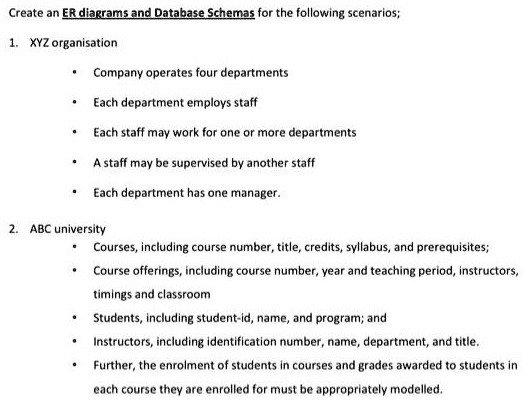 Create an ER diagrams and Database Schemas for the following scenarios ...