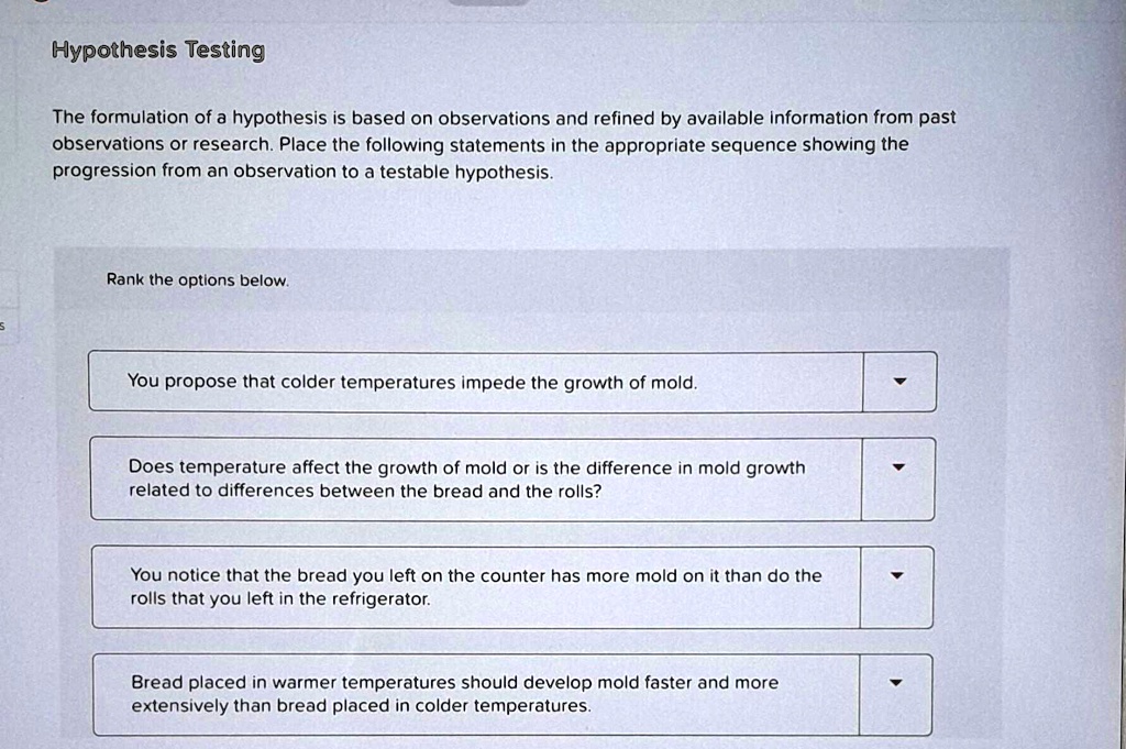 SOLVED: Hypothesis Testing The formulation of a hypothesis is based on ...