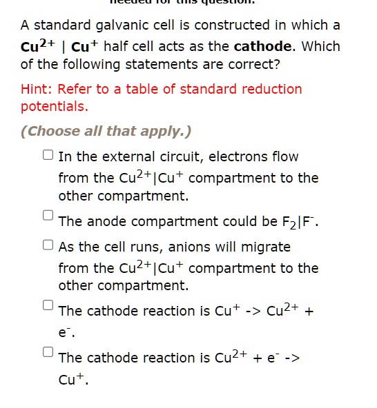 SOLVED: A standard galvanic cell is constructed in which a Cu2+ | Cu+ ...