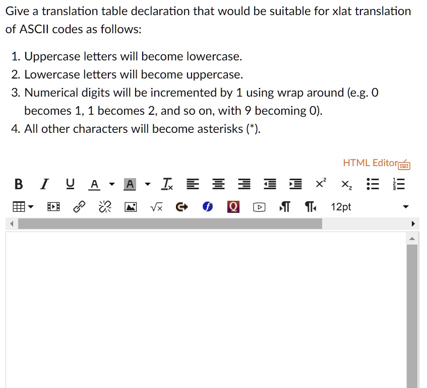 Give a translation table declaration that would be suitable for xlat translation of ASCII codes ...