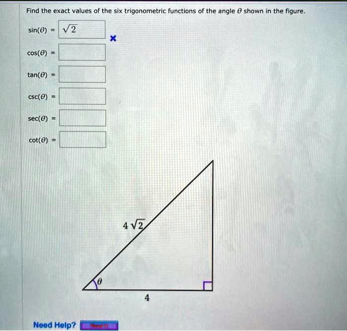 find the exact values of the six trigonometric functions of the angle 0 shown in the figure sine ...