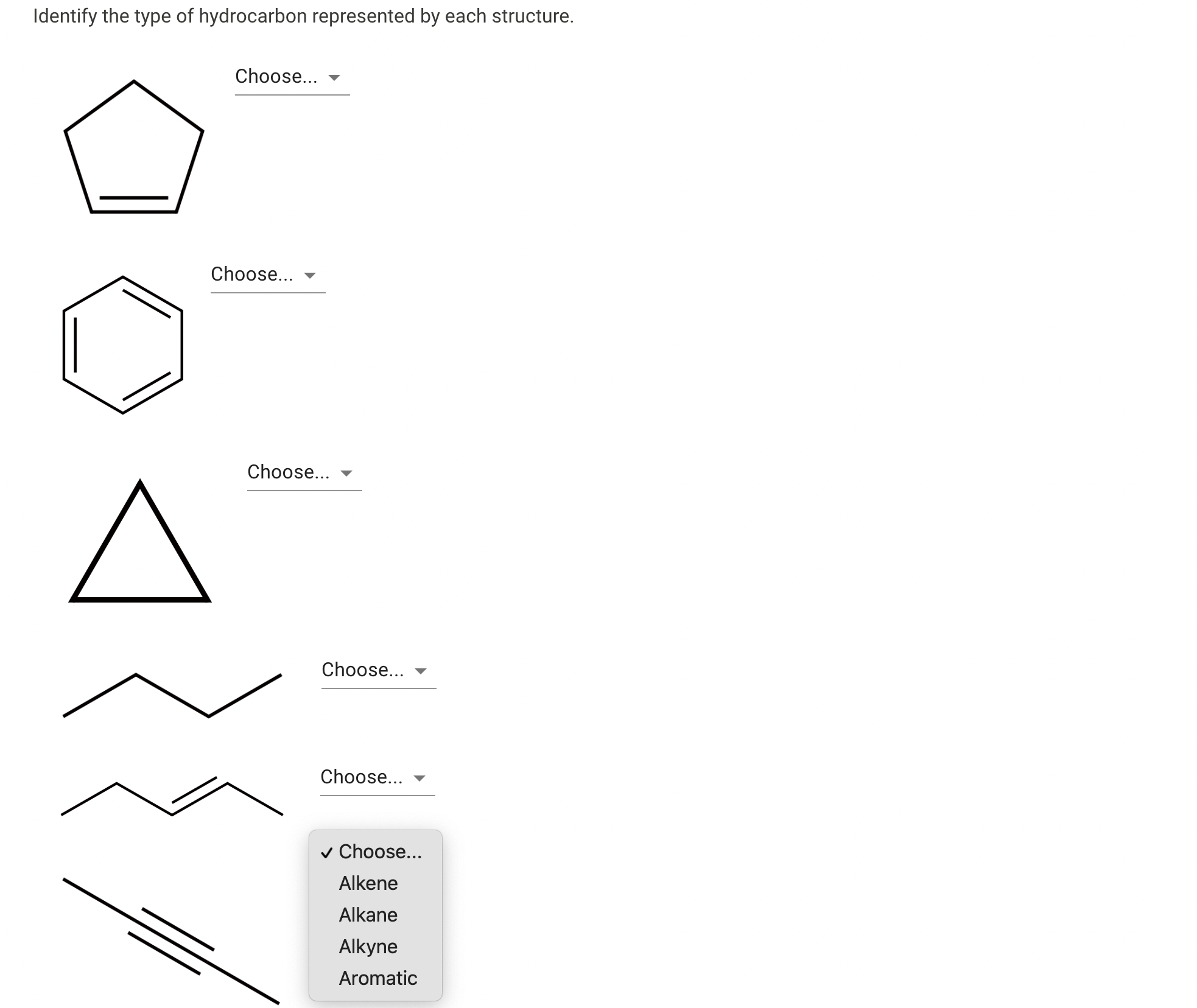 Identify the type of hydrocarbon represented by each structure.