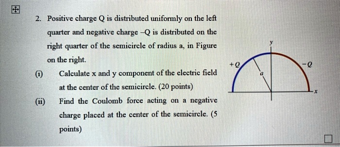 SOLVED: Positive charge Q is distributed uniformly on the left quarter and negative charge Q is ...
