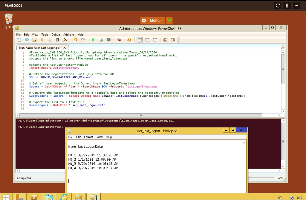 PLABDC01 Recycle Menu? Administrator: Windows PowerShell...