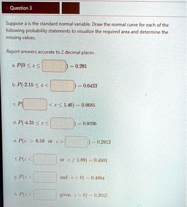 SOLVED: Text: Question 3 Suppose z is the standard normal variable. Draw the normal curve for ...