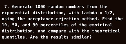SOLVED: Generate 1000 random numbers from the exponential distribution, with Lambda 1/2, using ...