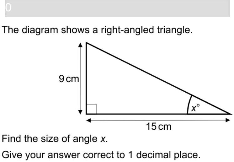 The diagram shows a right-angled triangle. 9 cm x 15 cm Find the size ...