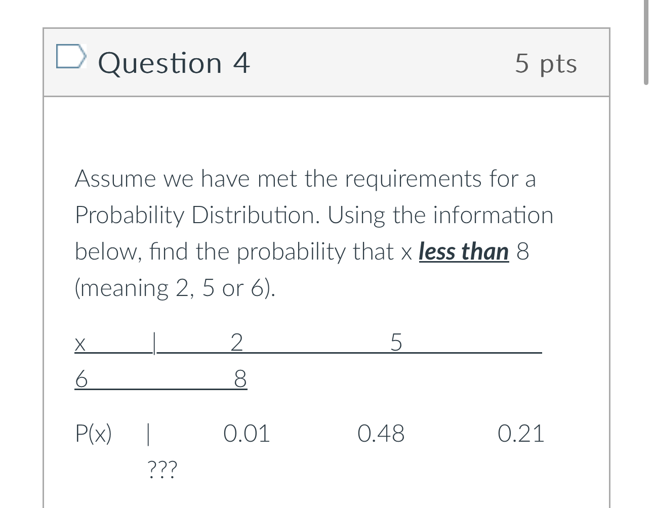 SOLVED: Question 4 5 pts Assume we have met the requirements for a Probability Distribution ...