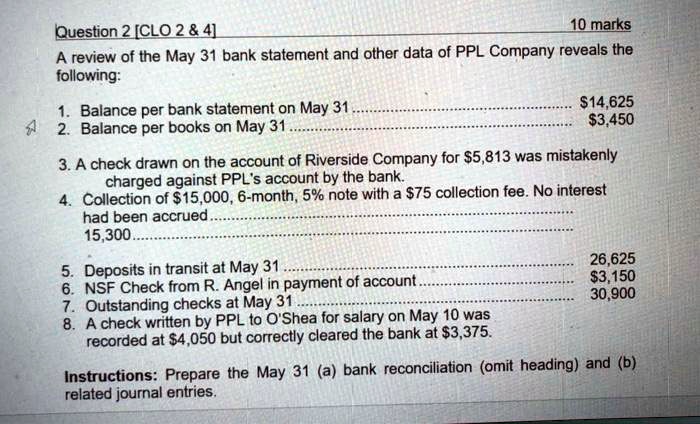 SOLVED: Question2[CLO2 4] 10 marks A review of the May 31 bank ...