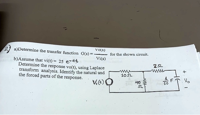 2) a) Determine the transfer function G(s) = (Vo(s))/(Vi(s)) for the shown circuit. b)Assume ...