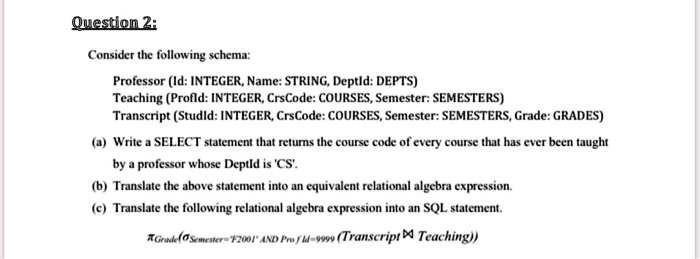 Question 2: Consider the following schema: Professor (Id: INTEGER, Name: STRING, DeptId: DEPTS ...