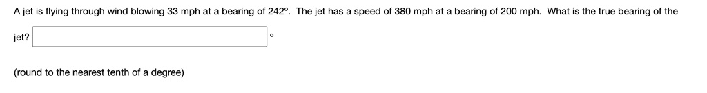SOLVED: A jet is flying through wind blowing 33 mph at a bearing of 242 ...
