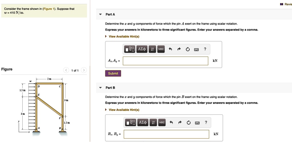 SOLVED: Consider the frame shown in Figure 1. Suppose that w = 410 N/m ...
