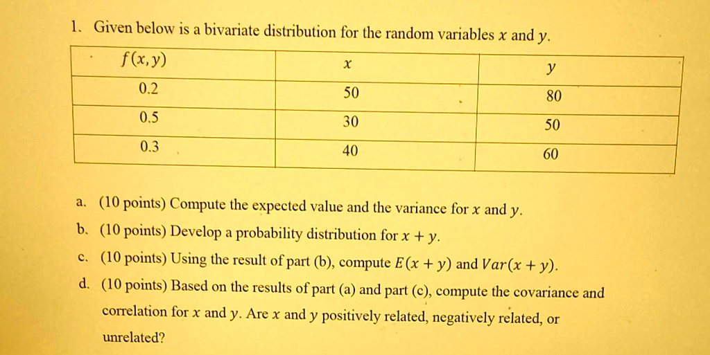 SOLVED: Given below is a bivariate distribution for the random variables x and y: f(x,y) x y 0.2 ...