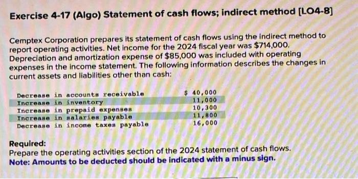 SOLVED: Exercise 4-17 (AlgoStatement of cash flows; indirect method [LO4-8]) Cemptex Corporation ...