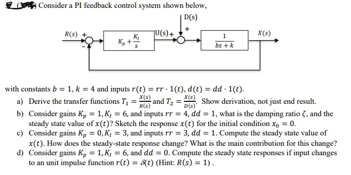SOLVED: Consider a PI feedback control system shown below: ID(s) R(s)+ K Kp + U(s)+ 1 X(s) bs+k ...
