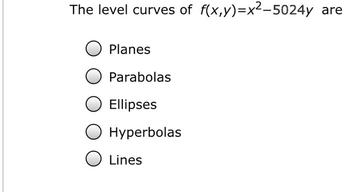 SOLVED: The level curves of f(x,y)-x25024y are Planes Parabolas ...