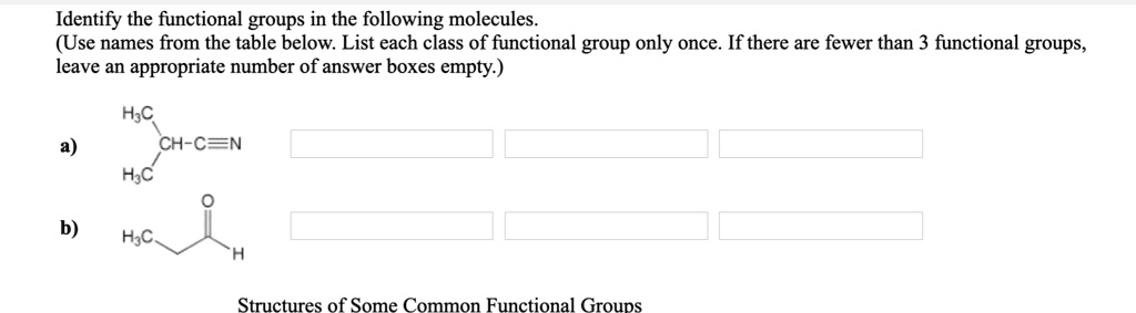 SOLVED: Identify the functional groups in the following molecules. (Use ...