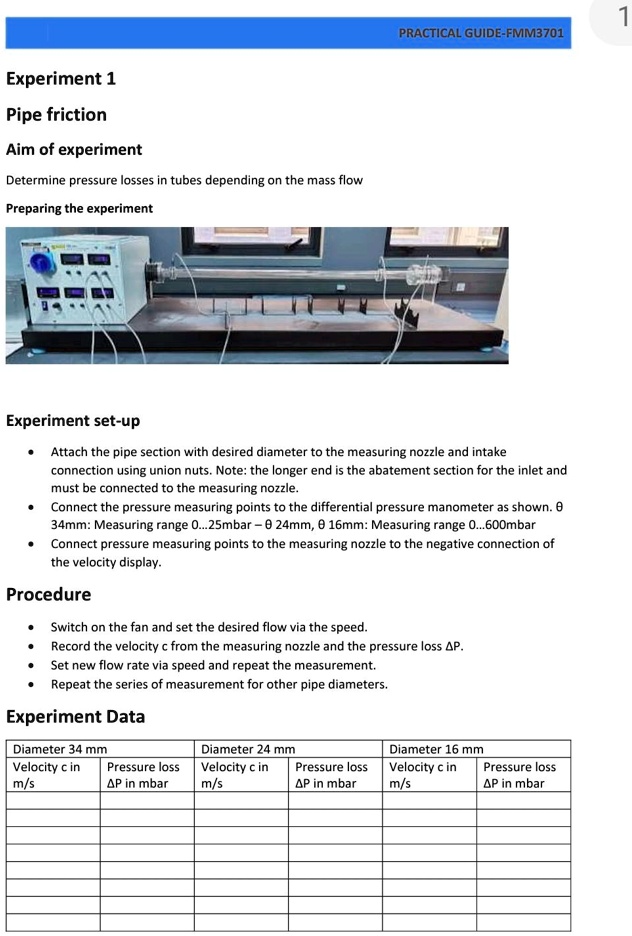 Experiment 1 Pipe friction Aim of experiment Determine pressure losses ...