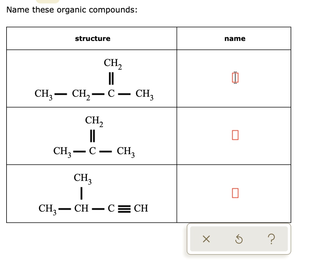 SOLVED: Name these organic compounds: structure name CHz CHz CH2 " C CH ...