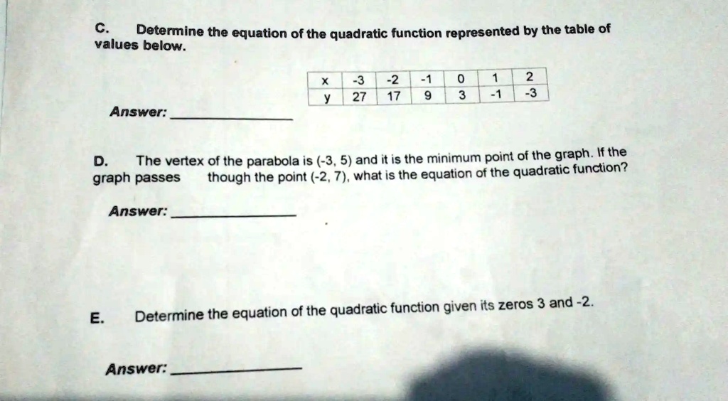C. Determine the equation of the quadratic function represented by the table of values below ...