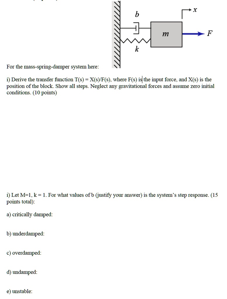 b X m F k For the mass-spring-damper system here: i) Derive the ...