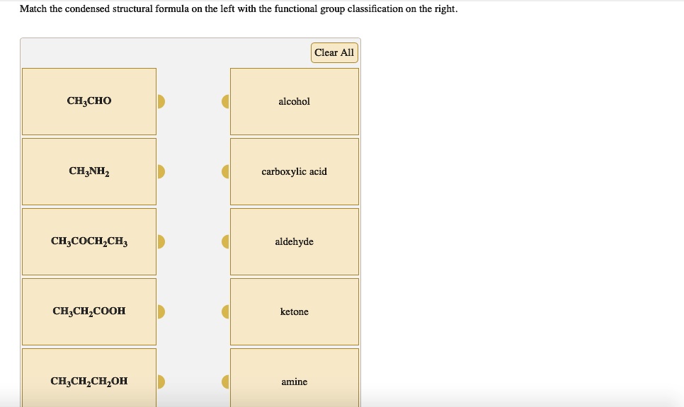 SOLVED: Match the condensed structural formula on the left with the functional group ...