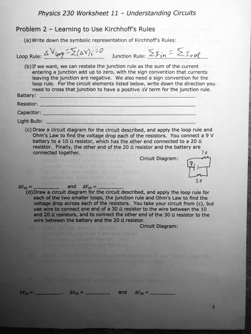 SOLVED: Physics 230 Worksheet 11 Understanding Circuits Problem 2 ...