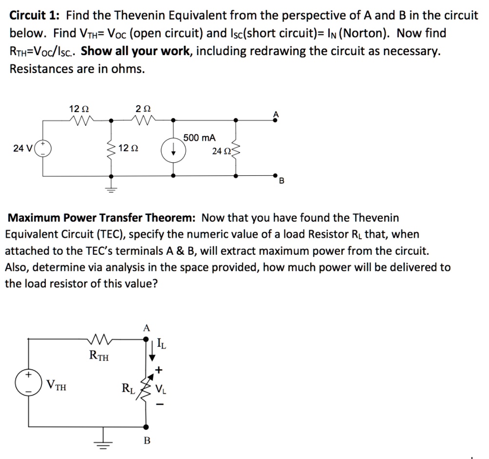 Circuit 1: Find the Thevenin Equivalent from the perspective of A and B in the circuit below ...