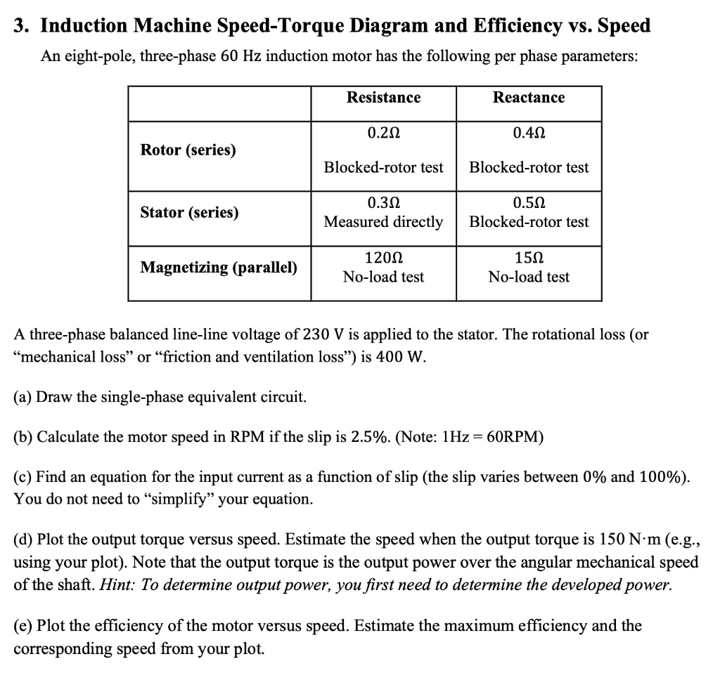 SOLVED: 3. Induction Machine Speed-Torque Diagram and Efficiency vs. Speed An eight-pole, three ...