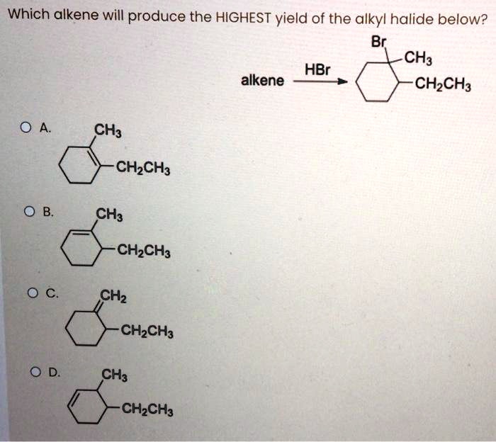 Which alkene will produce the HIGHEST yield of the alkyl halide below ...