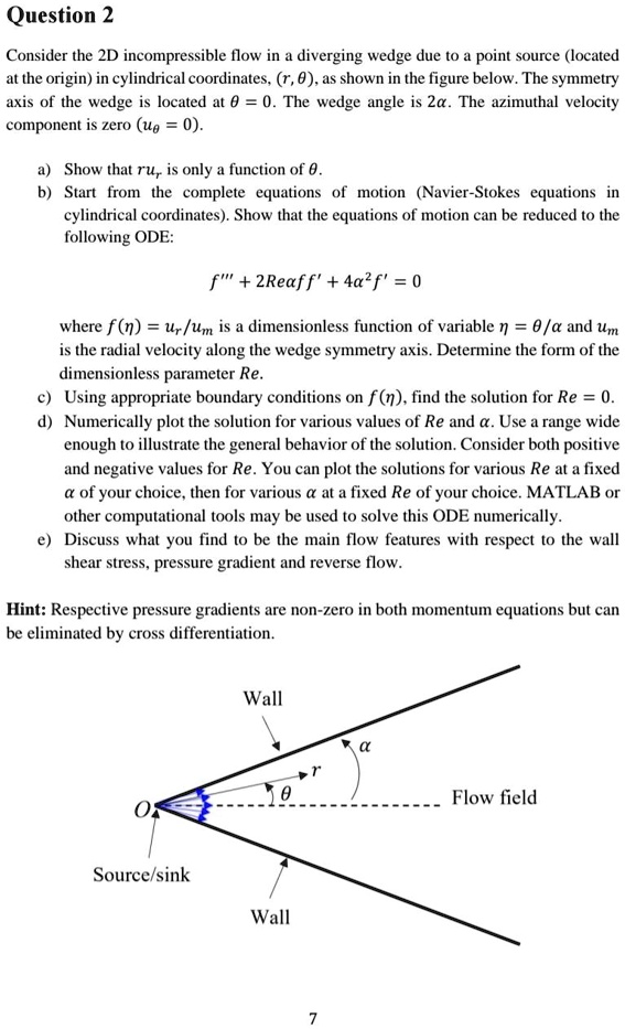 Question 2 Consider the 2D incompressible flow in a diverging wedge due ...