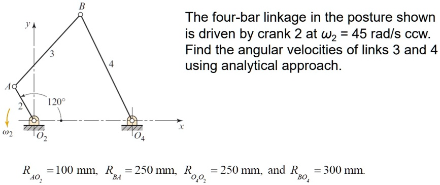 B YA 3 4 A 120° 2 ?? O? RAO? = 100 mm, RBA = 250 mm, RO?O? = 250 mm, and RBO? = 300 mm. The four ...