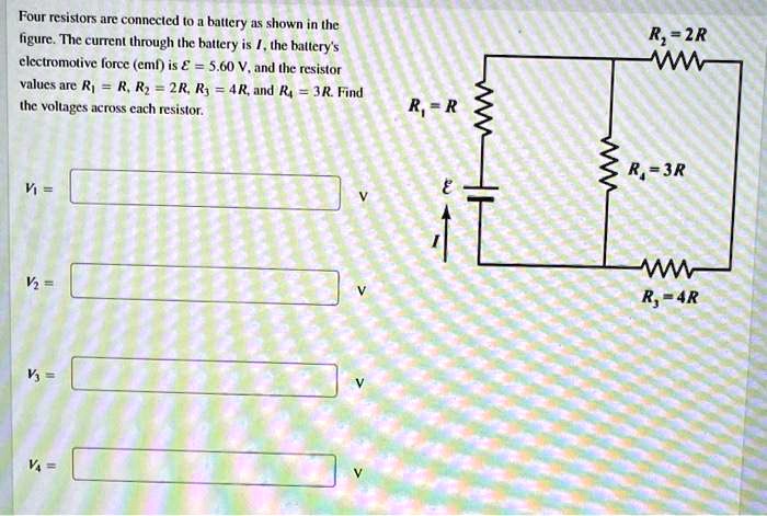 SOLVED: Four resistors are connected to a battery, as shown in the figure. The current through ...