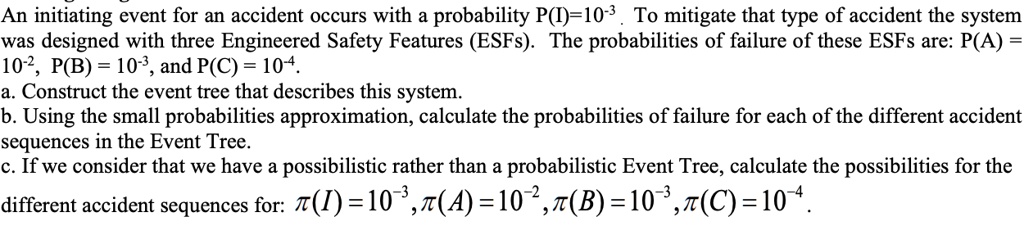SOLVED: An initiating event for an accident occurs with a probability P(I) = 10^-3. To mitigate ...