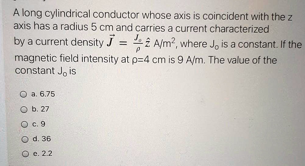 SOLVED: A long cylindrical conductor, whose axis is coincident with the ...