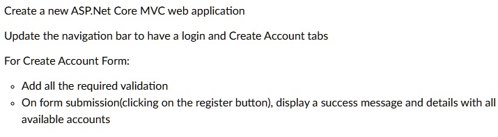 Create a new ASP.Net Core MVC web application Update the navigation bar to have a login and ...