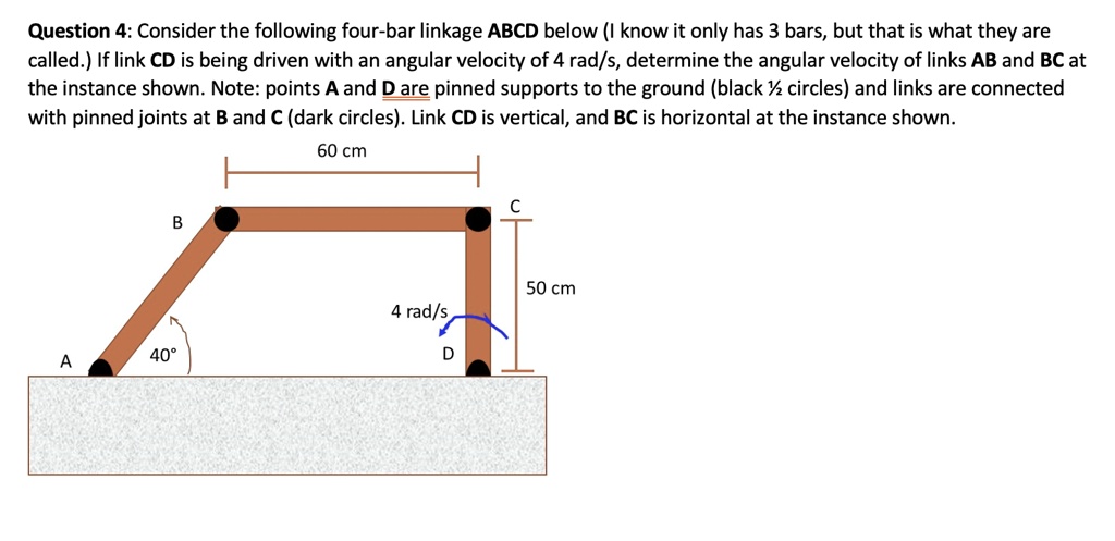 Question 4: Consider the following four-bar linkage ABCD below (I know it only has 3 bars, but ...