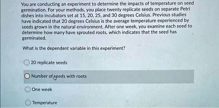 You are conducting an experiment to determine the impacts of ...