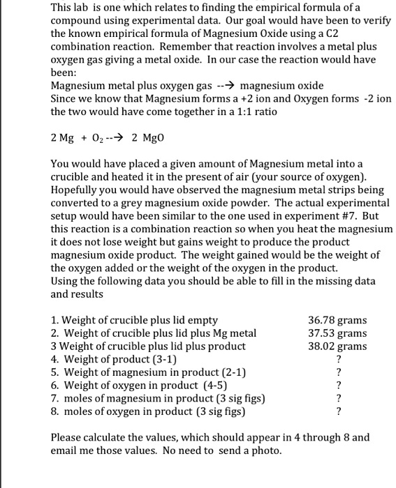 this lab is one which relates to finding the empirical formula ofa ...