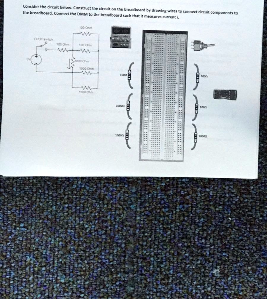 Consider the circuit below. Construct the circuit on the breadboard by drawing wires to connect ...