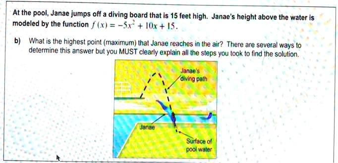 At the pool janae jumps off diving board that is 15 feet...