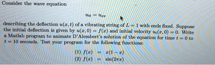 SOLVED: Consider the wave equation utt = c^2uzz describing the deflection u(z,t) of a vibrating ...