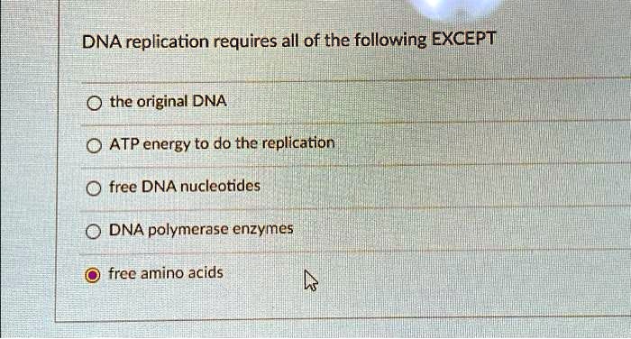 SOLVED: DNA replication requires all of the following EXCEPT: - the ...